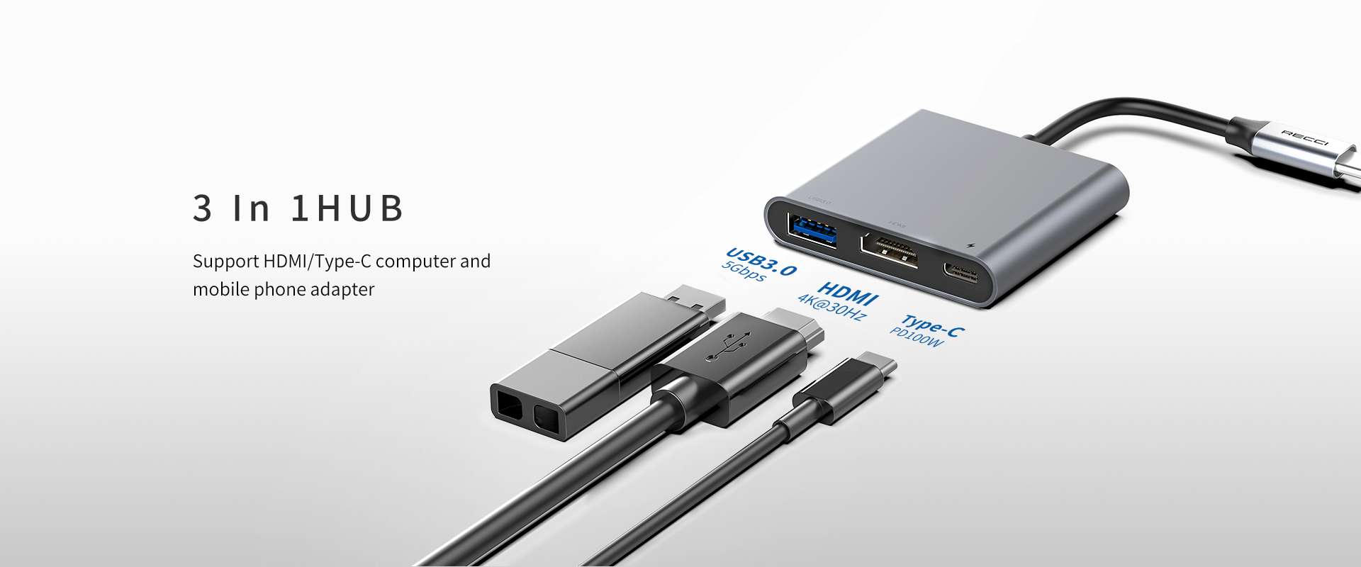 Recci RH05 3 in 1 HUB With 100W PD Charging, 4K UHD HDMI, SD Card & USB3.0 | 3RAFOTY STORE