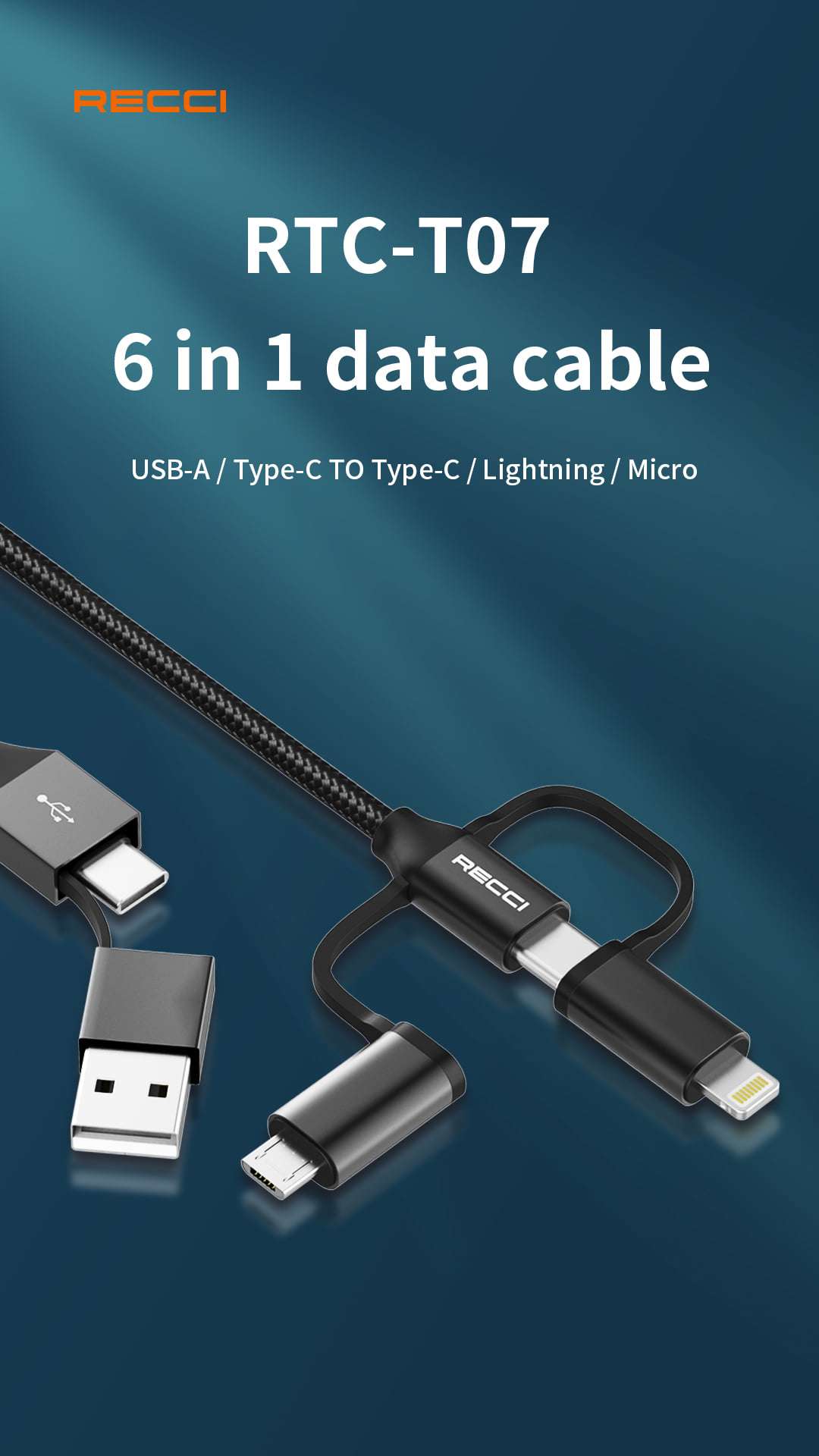 Recci RTC-T07 6 in 1 PD, Micro, Type-C & iPhone USB Cable For Mobile ...